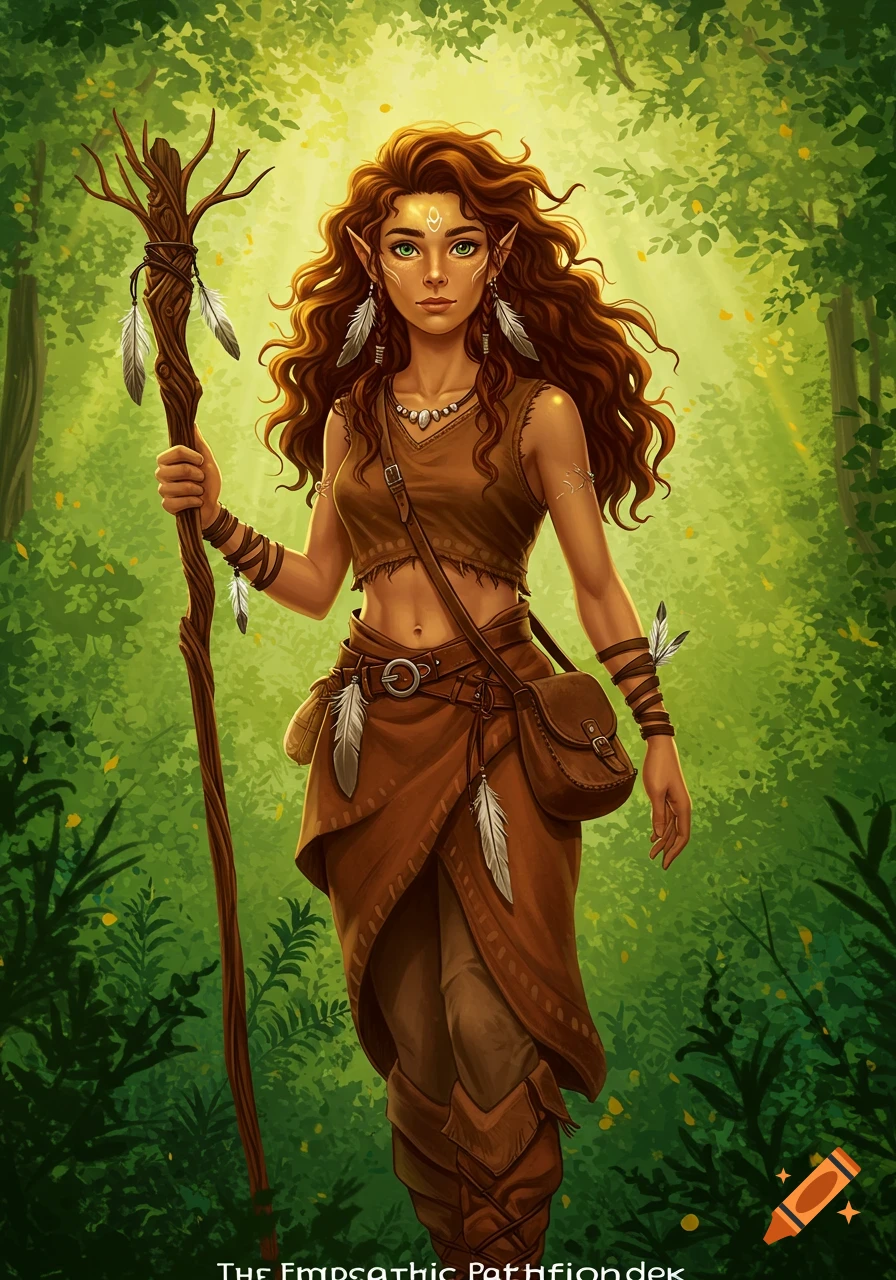 An illustration of an elf-like woman with long curly brown hair and ...