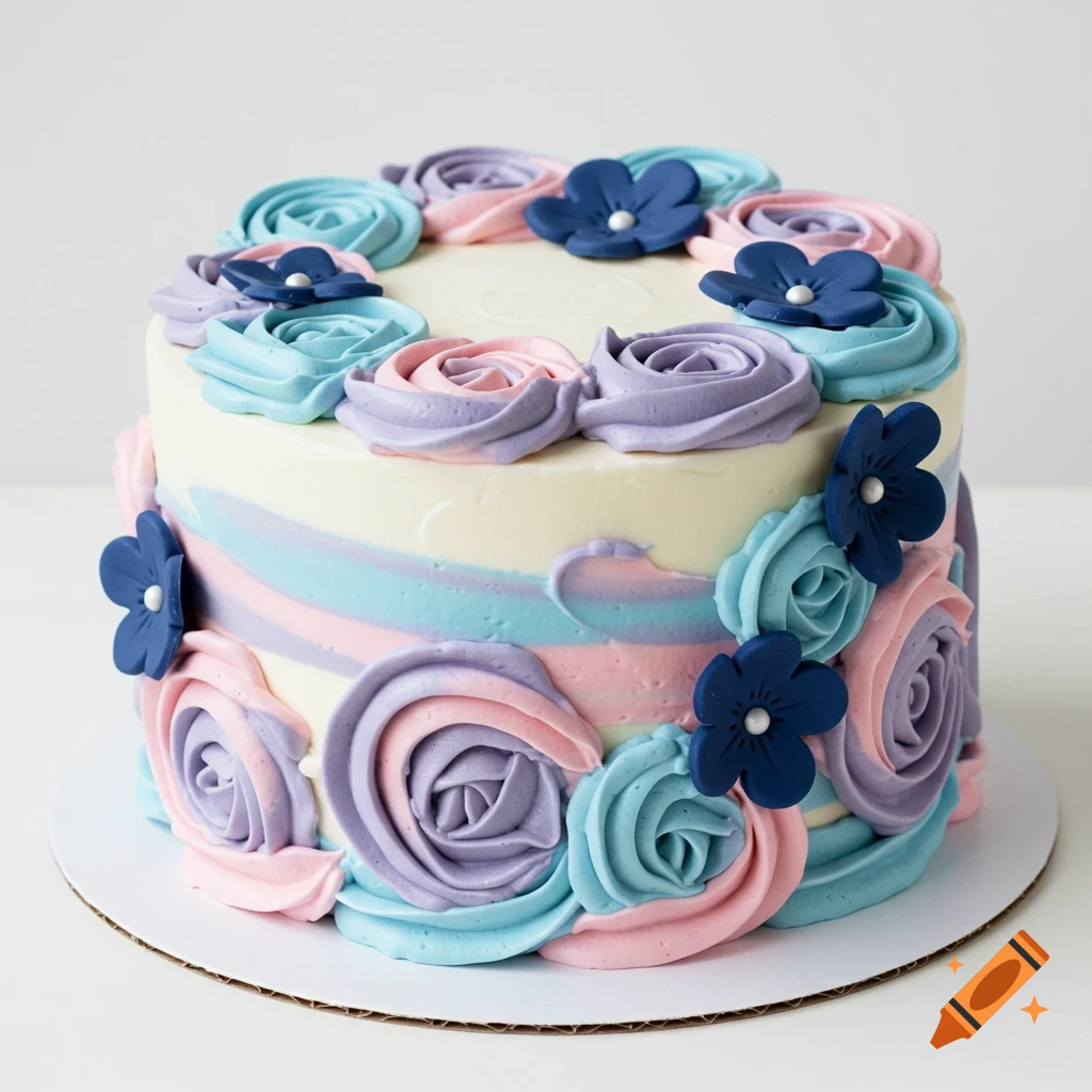 A round pale pink cake decorated with intricate blue and white frosting ...