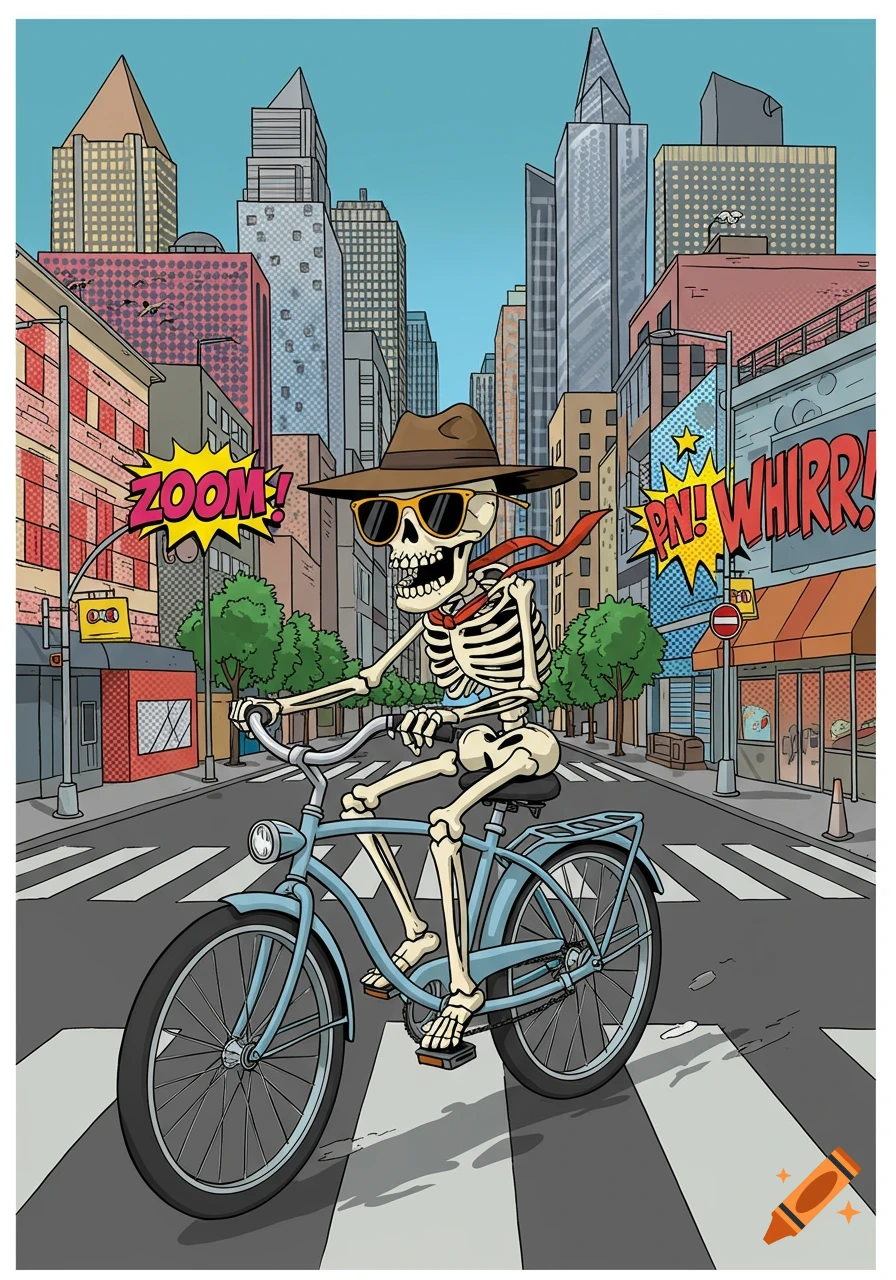 A comic style skeleton in a fedora and sunglasses rides a blue bicycle ...