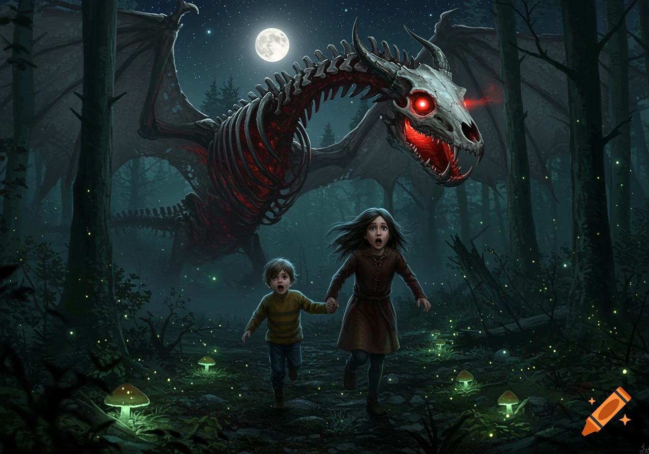 Two terrified children flee through a dark forest at night from a ...