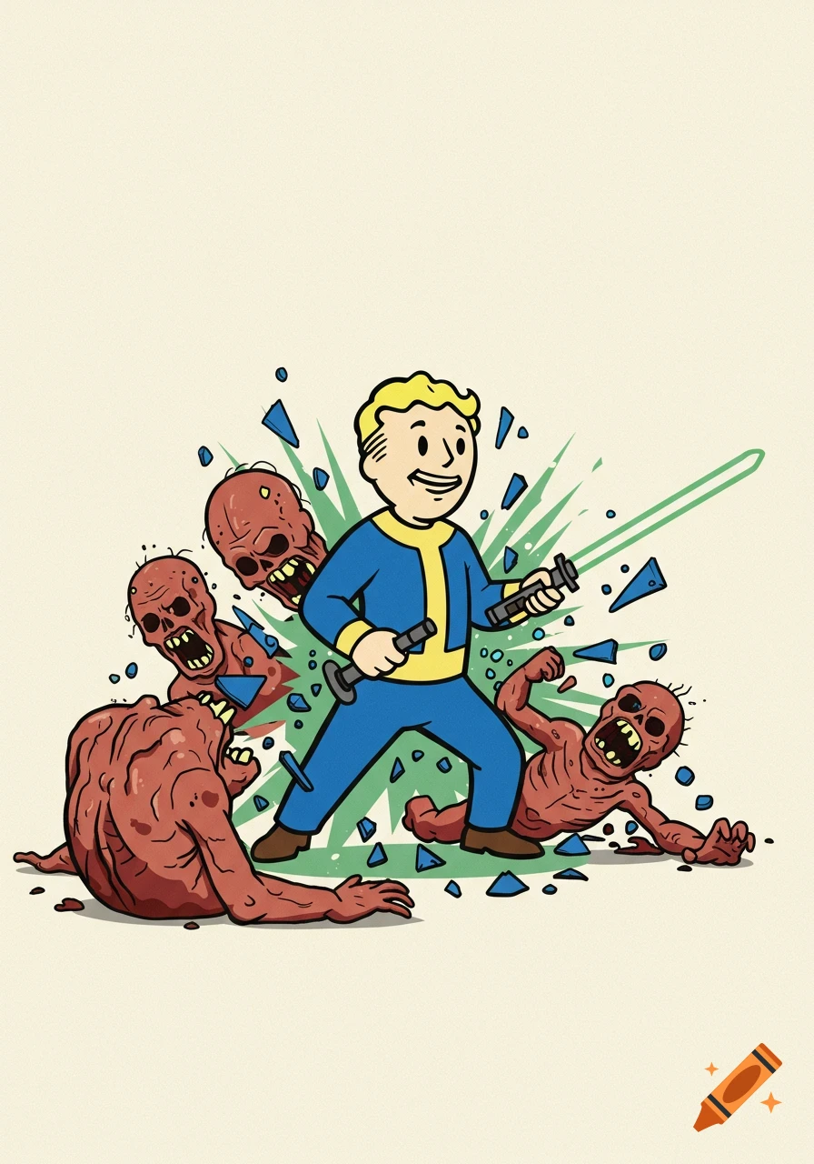 Vault Boy with dark eyes giving a thumbs up, surrounded by green ...