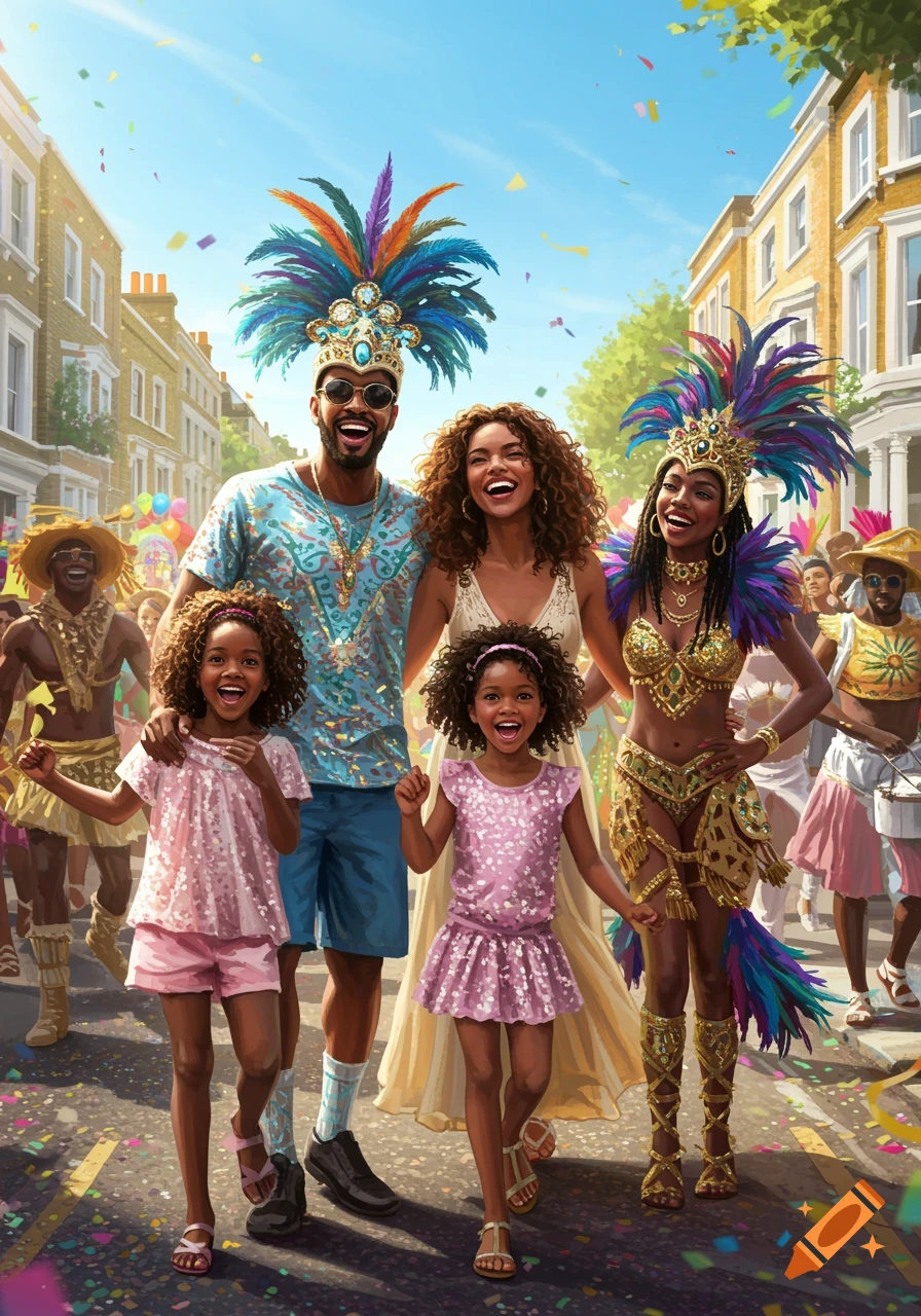 Photorealistic image of a vibrant Caribbean Carnival parade with people in colorful costumes. on ...