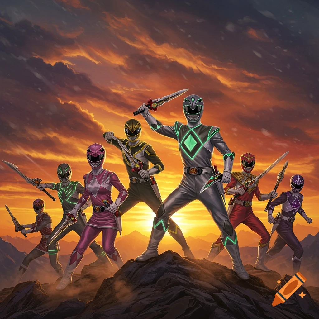 Seven Power Rangers-like figures in colorful suits and helmets stand ...