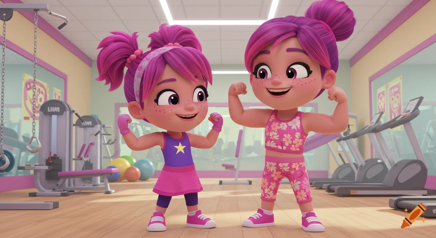 Two cartoon girls with pink hair, one in purple and one in pink, flex ...
