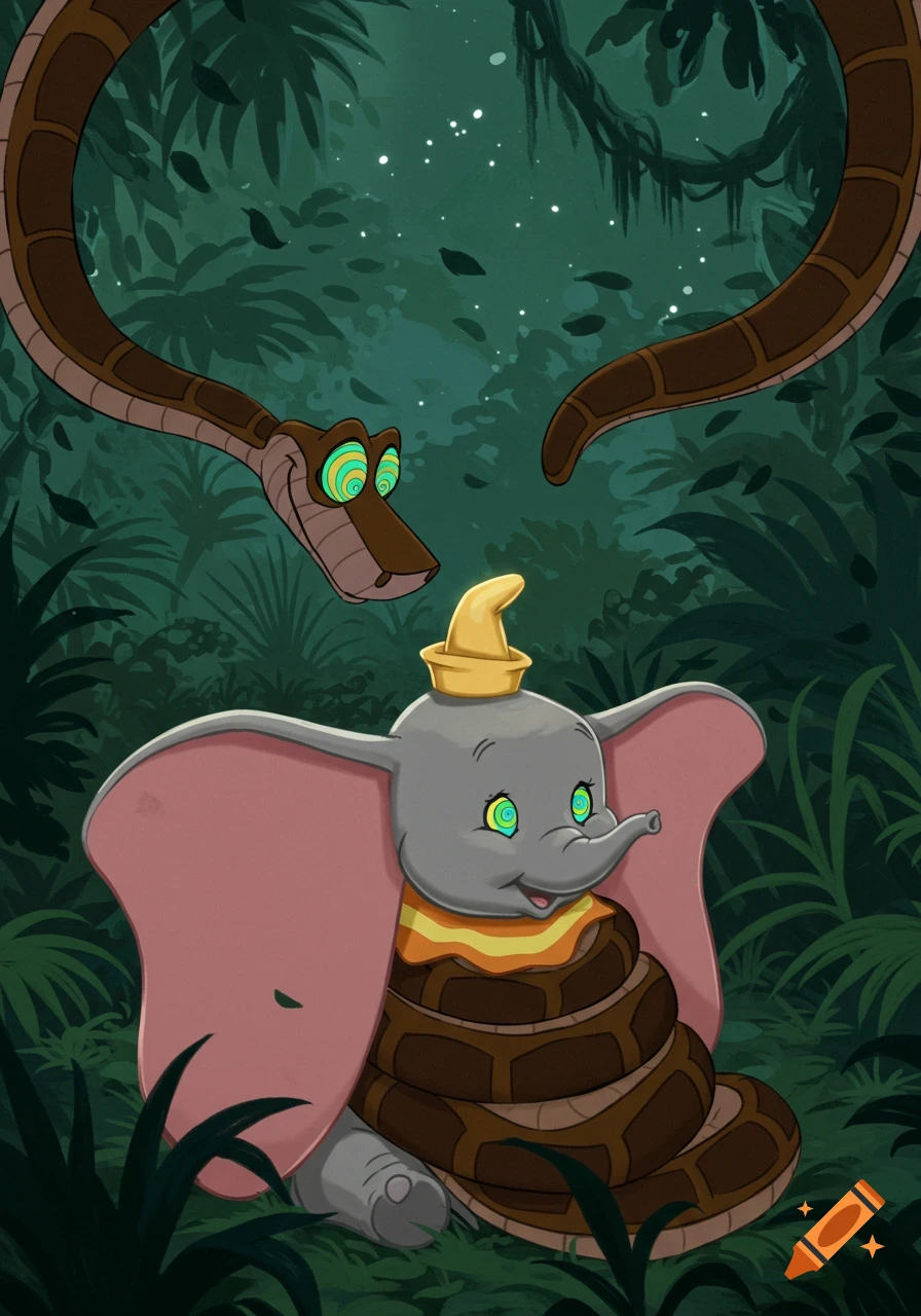 Kaa the snake hypnotizes Dumbo the elephant in a dark jungle setting ...