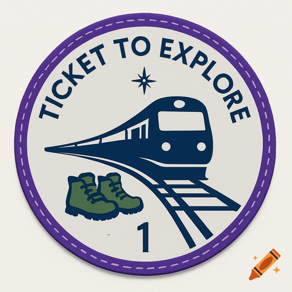 A round white badge with a purple stitched border, featuring a blue ...