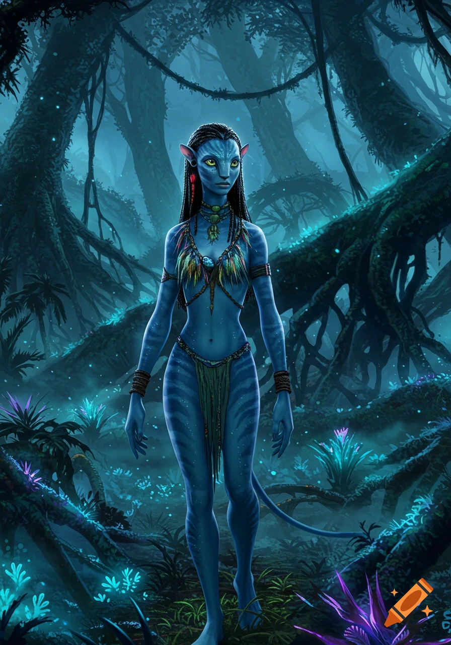 A blue-skinned character resembling Neytiri from Avatar stands in a ...