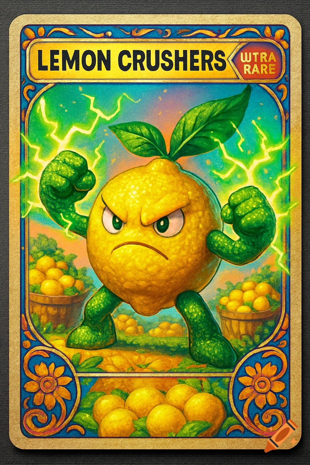 A cartoonish, angry lemon character with green arms and legs flexing ...
