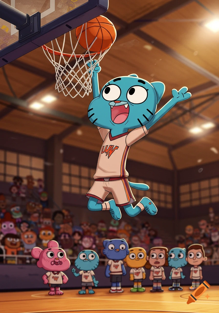 A person in a blue Gumball Watterson mascot costume stands on a paved ...