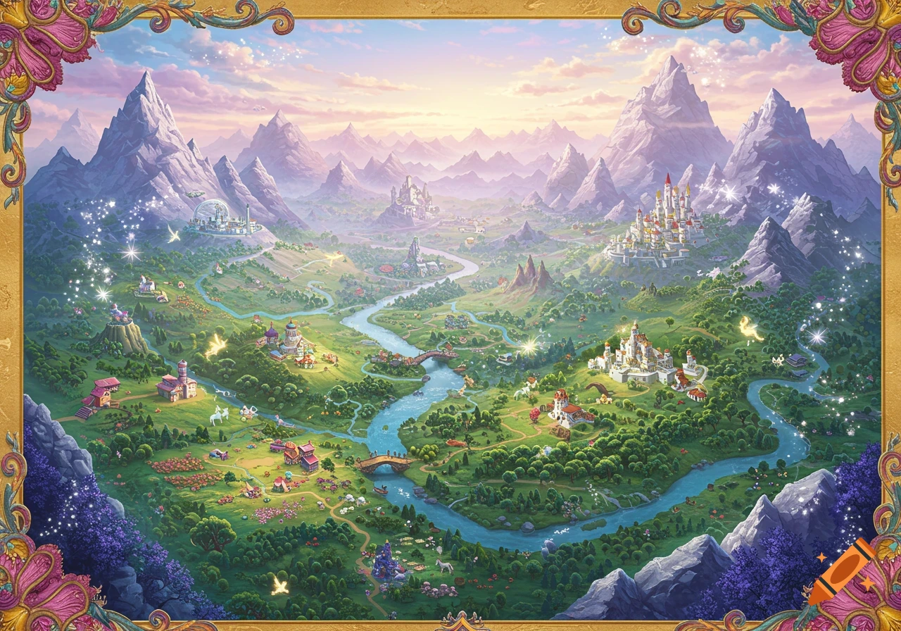 Vibrant, detailed fantasy landscape map with winding rivers, mountains ...