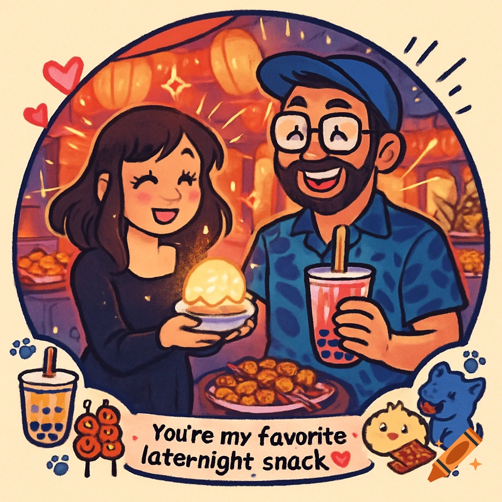 Anime-style illustration of a smiling couple at a night market, holding ...