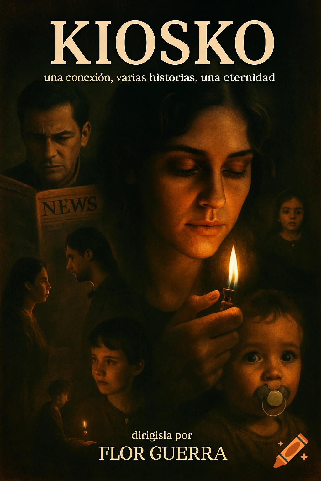 A dramatic movie poster in dark tones features a collage of faces ...