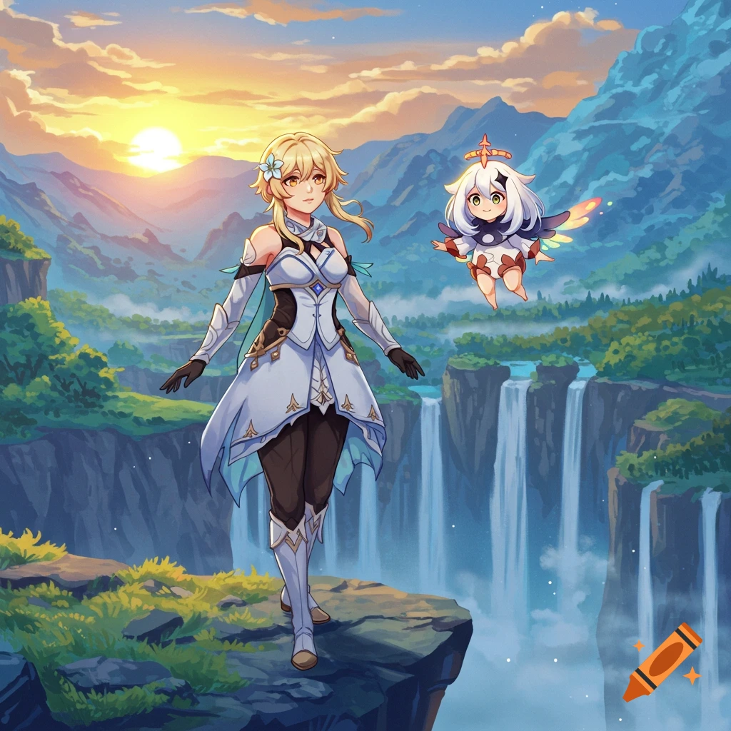 Anime characters Lumine and Paimon on a cliff overlooking multiple ...