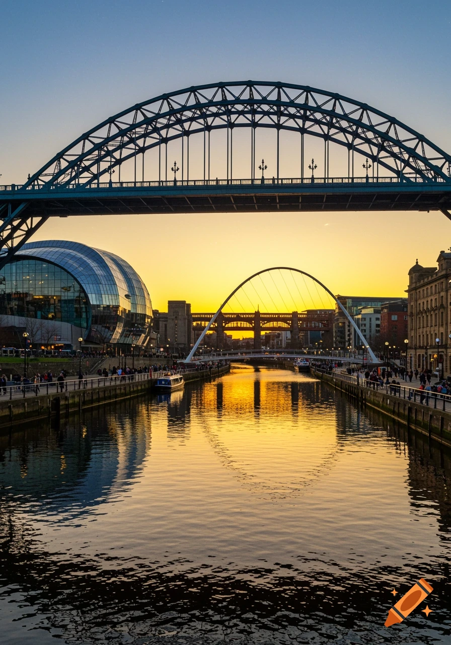 Photorealistic image of multiple bridges over a river in a city at ...