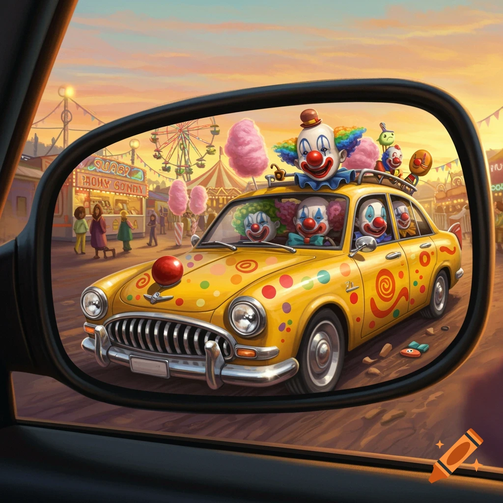 A whimsical illustration of a yellow clown car filled with clowns, seen ...