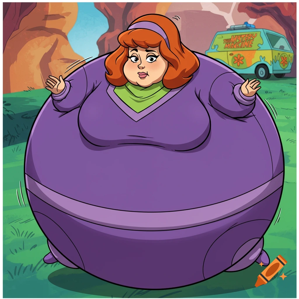 Daphne Blake from Scooby-Doo is inflated into a giant purple balloon-like shape, standing in a ...