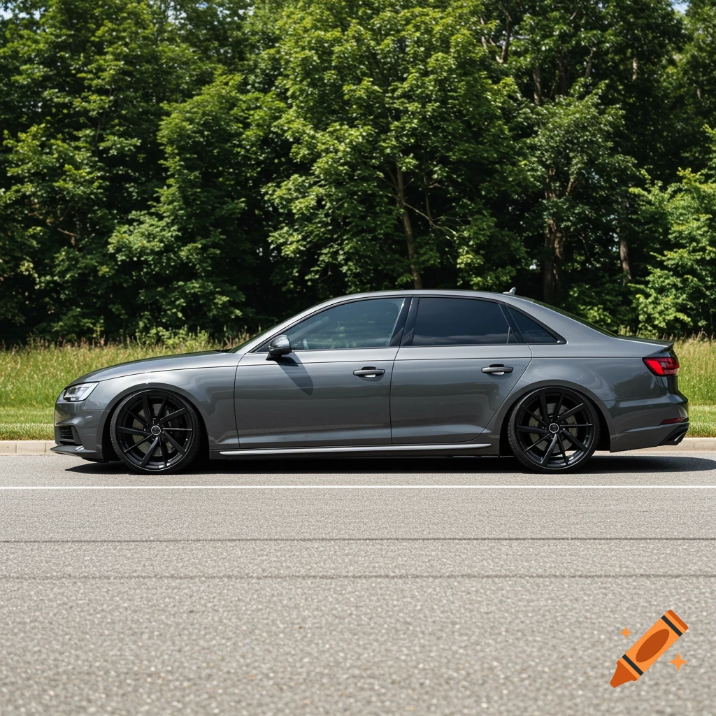 Gray Audi A4 with black rims and tinted windows parked on a road next ...