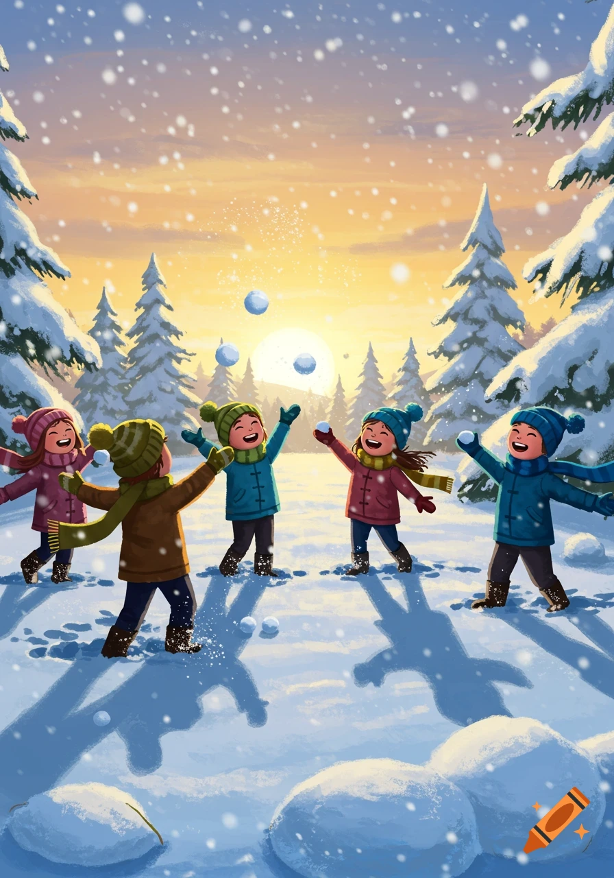 Cartoon children in winter clothes have a snowball fight in a snowy ...