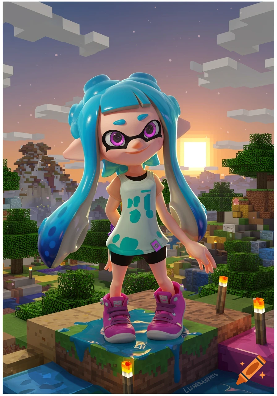 A purple-haired Inkling girl from Splatoon holds a bright green splat ...