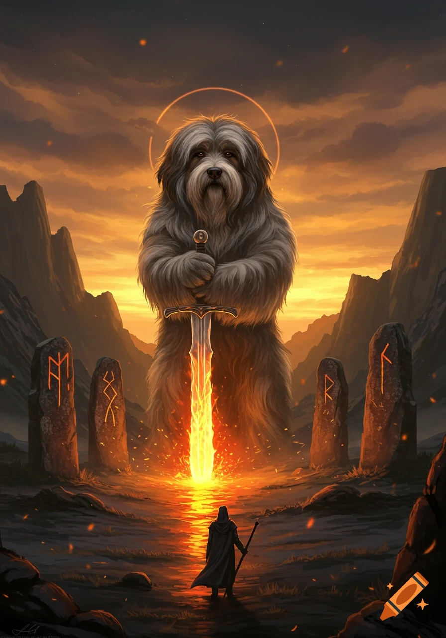 A colossal furry dog with a halo holds a flaming sword in a dramatic ...