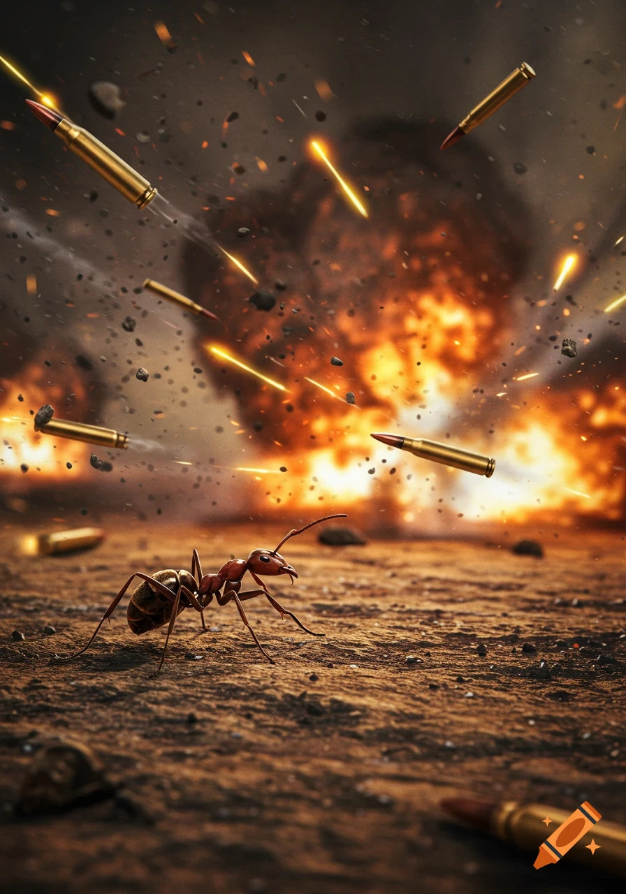 A close-up shot of an ant on dry ground, surrounded by flying bullets ...