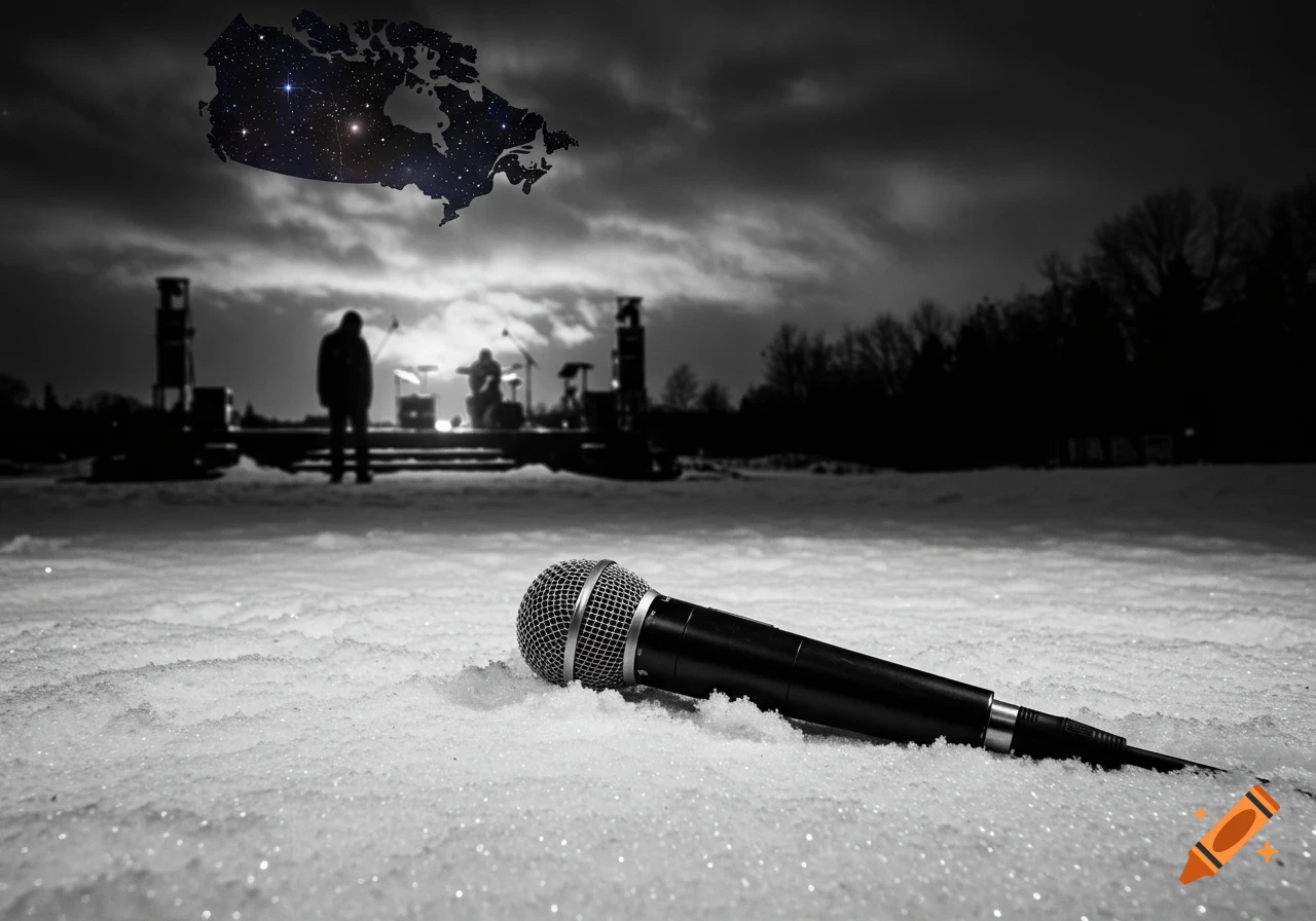 A black and white image shows a microphone lying in the snow in the ...