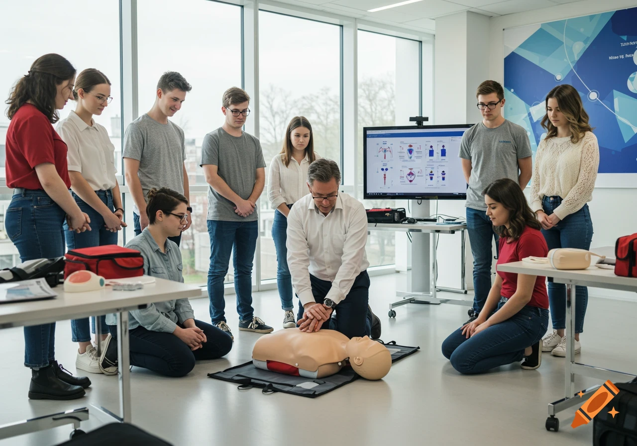 An instructor demonstrates CPR on a manikin to a group of students in a ...