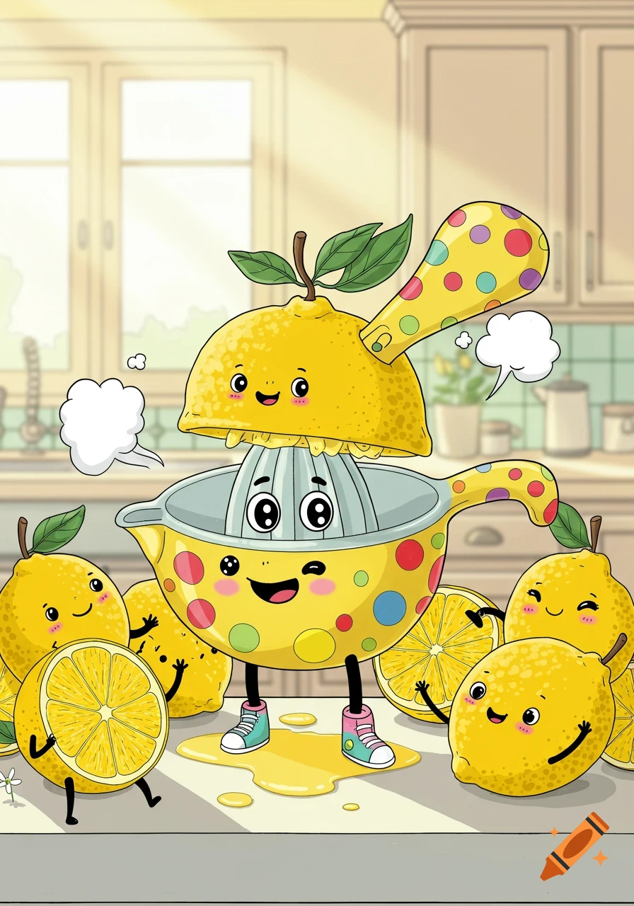 A cheerful cartoon lemon squeezer character surrounded by happy ...