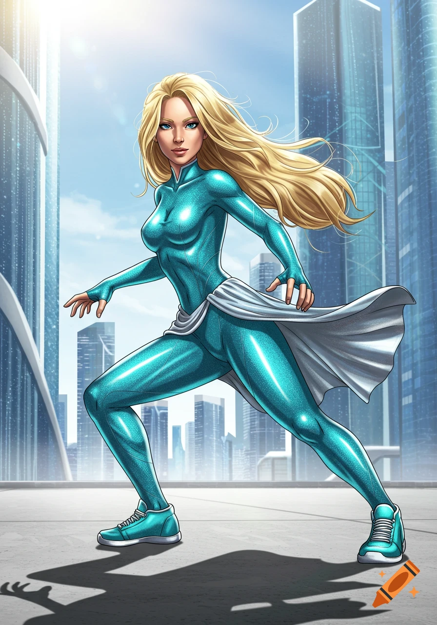 Blonde female superhero in a yellow and black suit flying dynamically ...