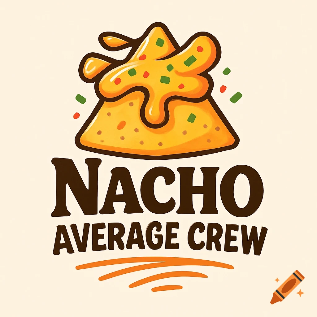 A cartoon logo features a nacho chip with melted cheese and chopped ...