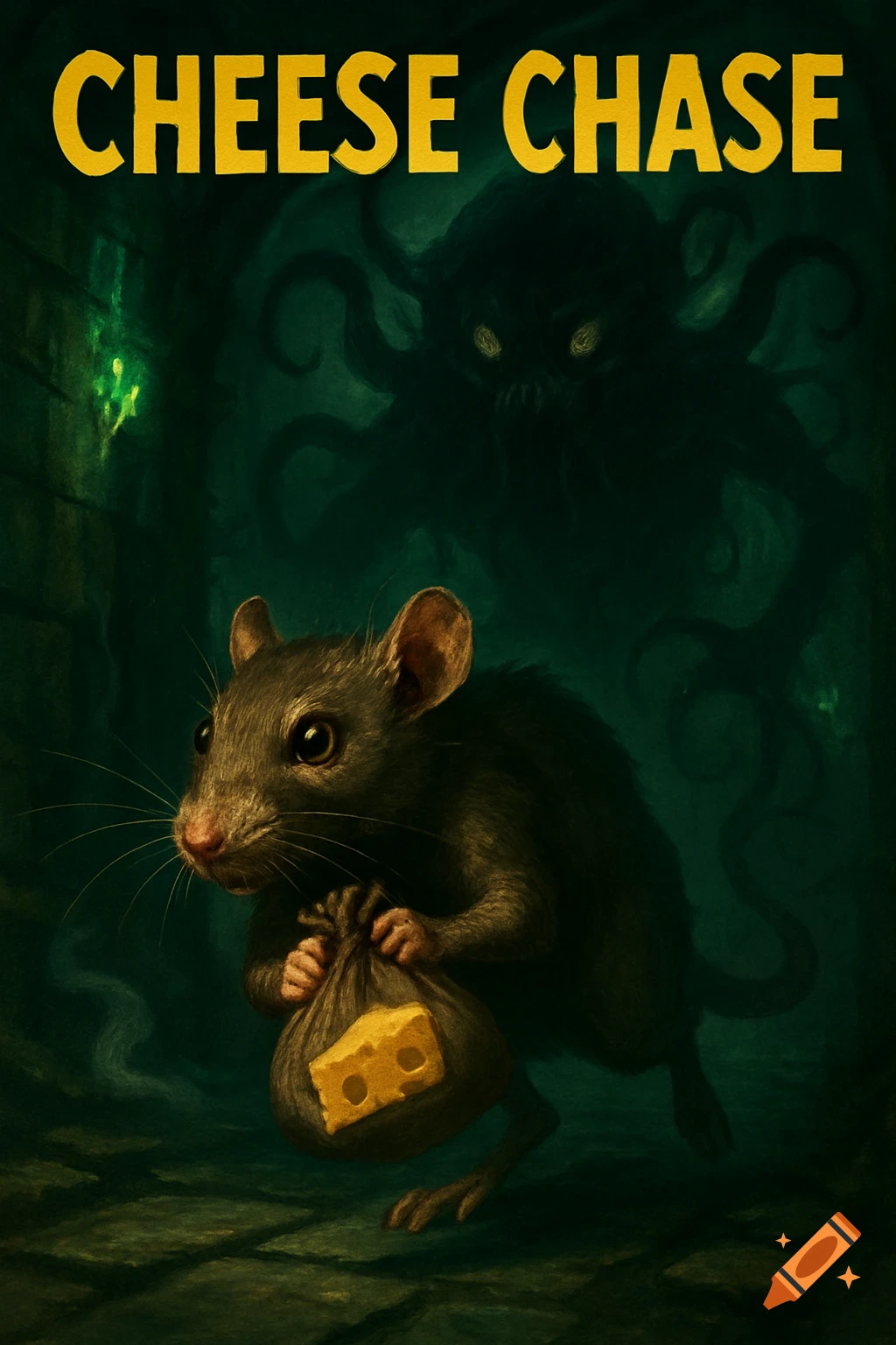 A semi-realistic illustration titled 'CHEESE CHASE' shows a rat with a ...