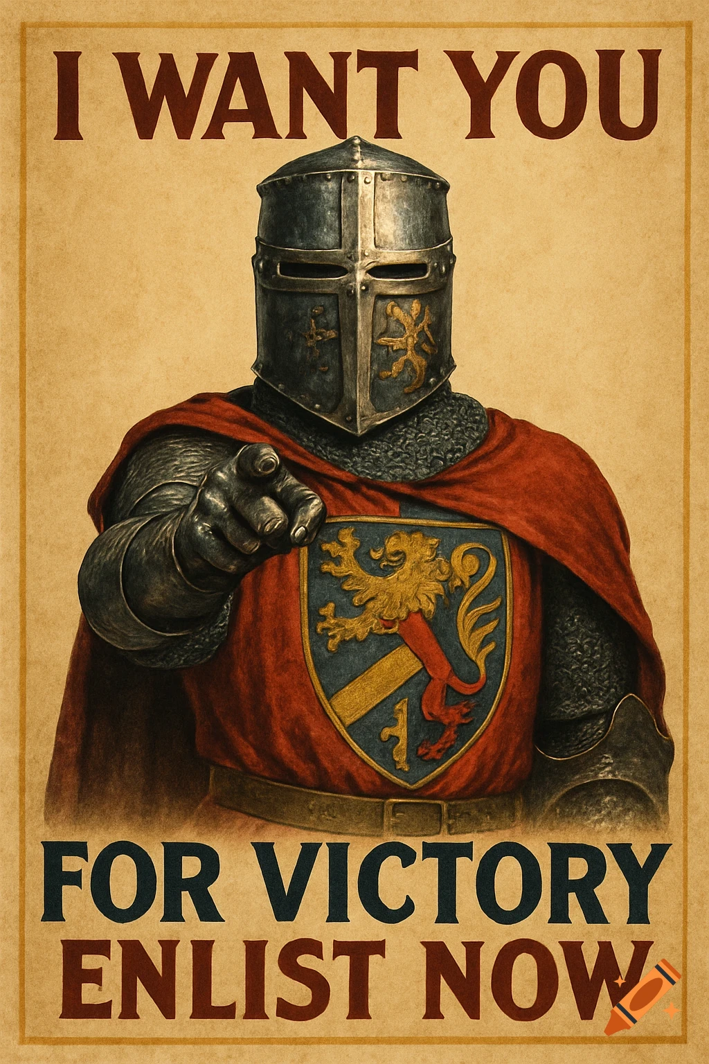 A vintage-style recruiting poster of a 13th-century knight in armor ...
