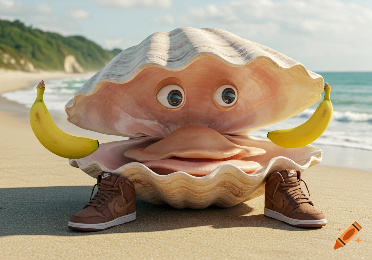 A photorealistic anthropomorphic clam with googly eyes, banana limbs ...