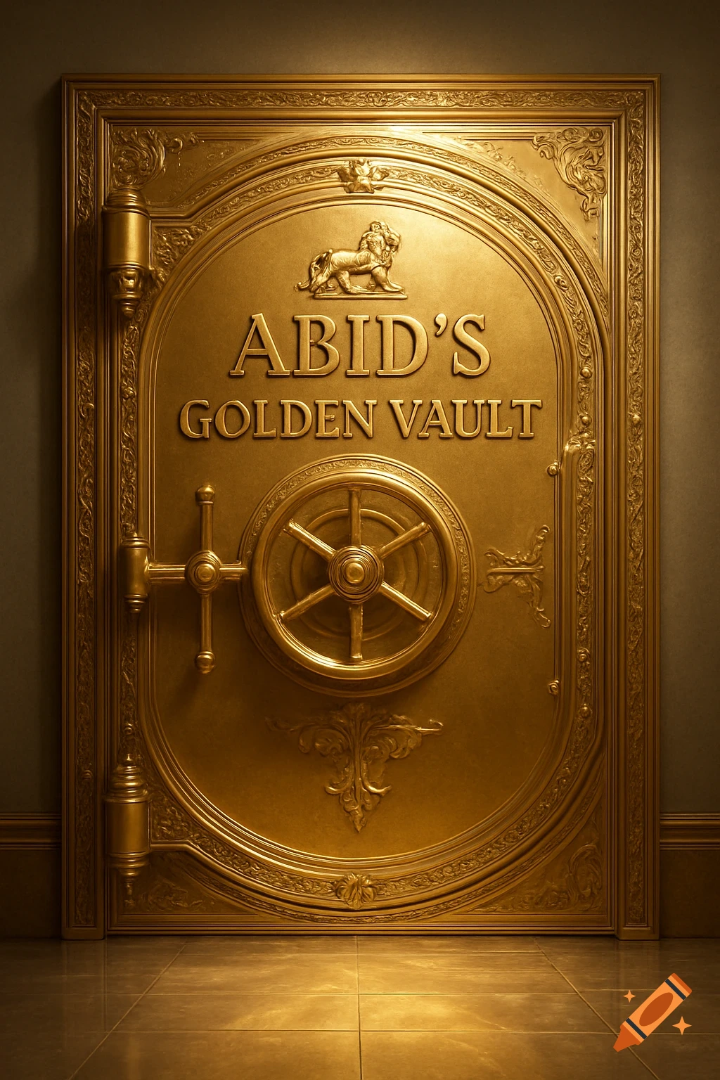 A photorealistic, ornate golden bank vault door with a large central ...