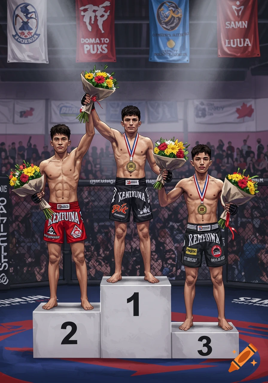 Illustration of three male athletes on a winner's podium in an MMA ring ...
