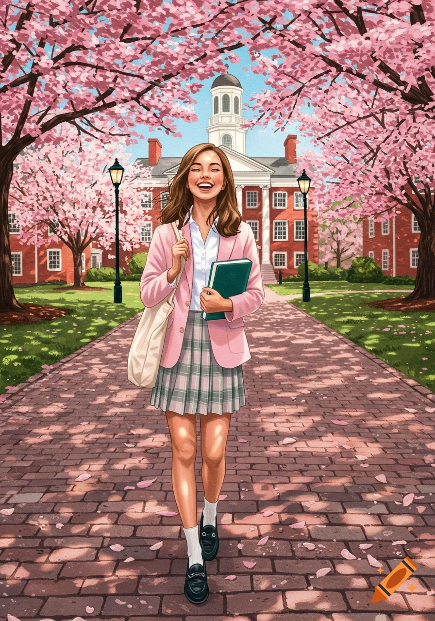 A smiling preppy girl walks down a brick path lined with cherry blossom ...