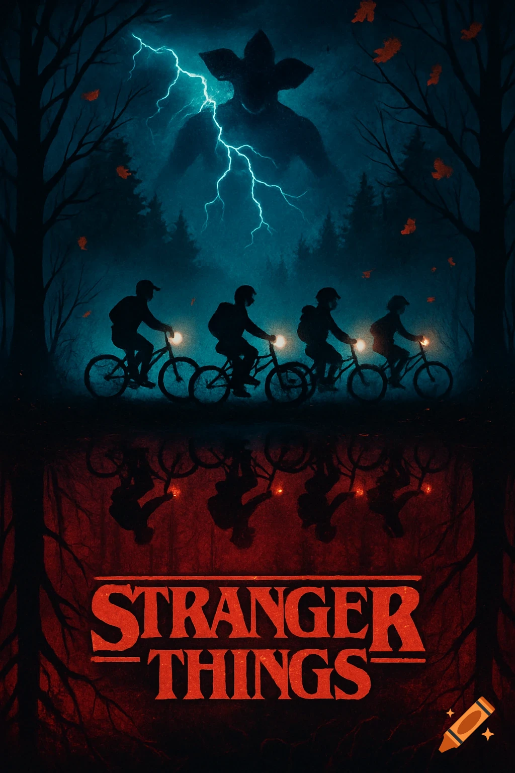 Surreal Stranger Things poster with Dustin and Eleven in neon red/blue ...