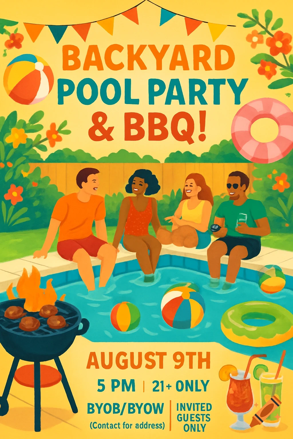Vibrant illustration of a pool party with people swimming, a BBQ grill ...