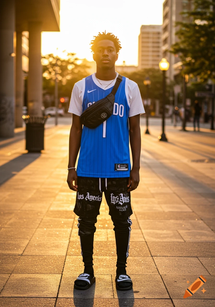 A young Black man in a blue Orlando Magic jersey, black shorts over ...