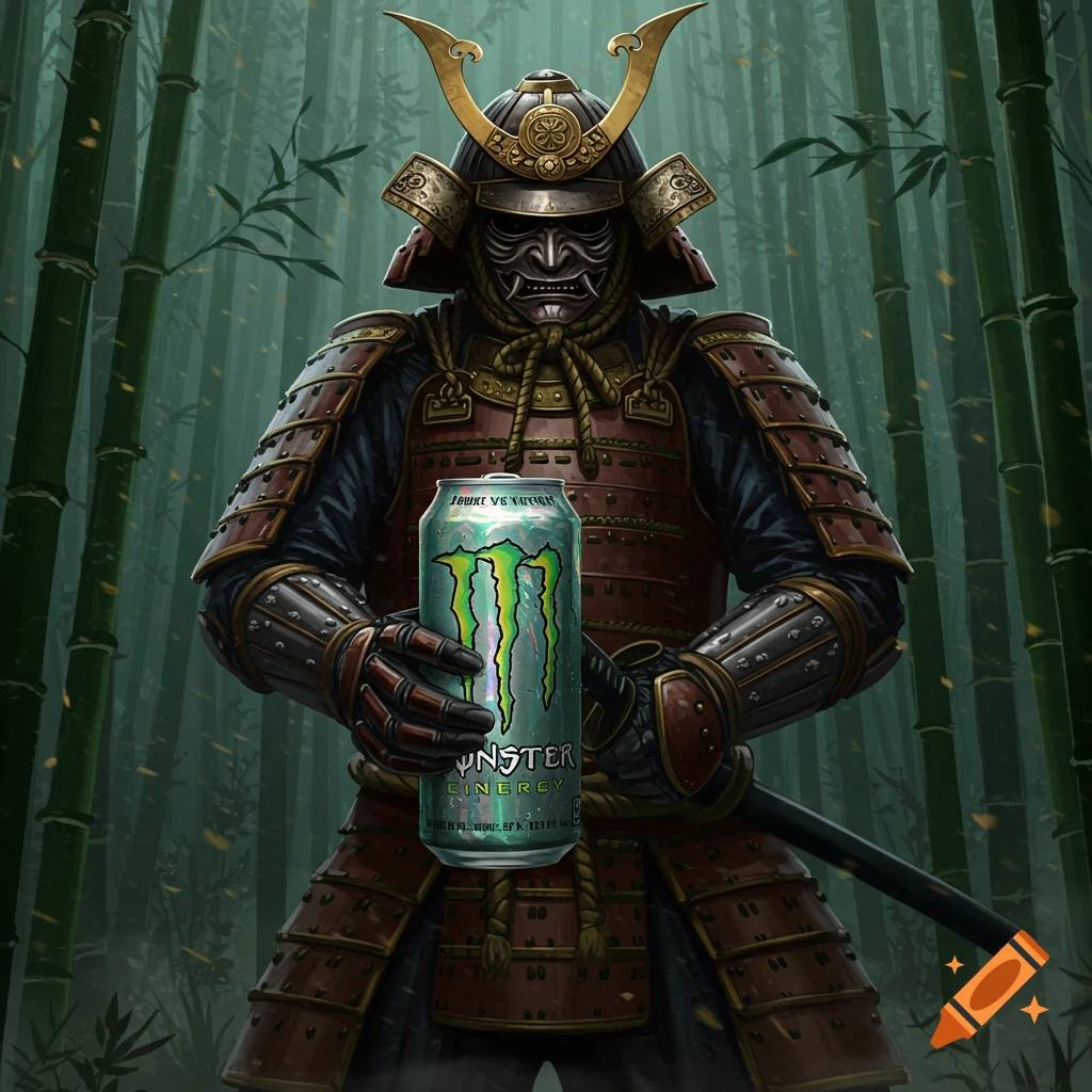A samurai warrior in traditional armor holds a can of Monster Energy ...