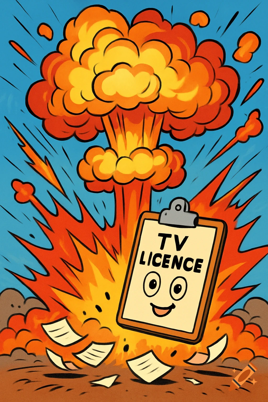 A cartoon illustration of a large explosion with a smiling clipboard ...