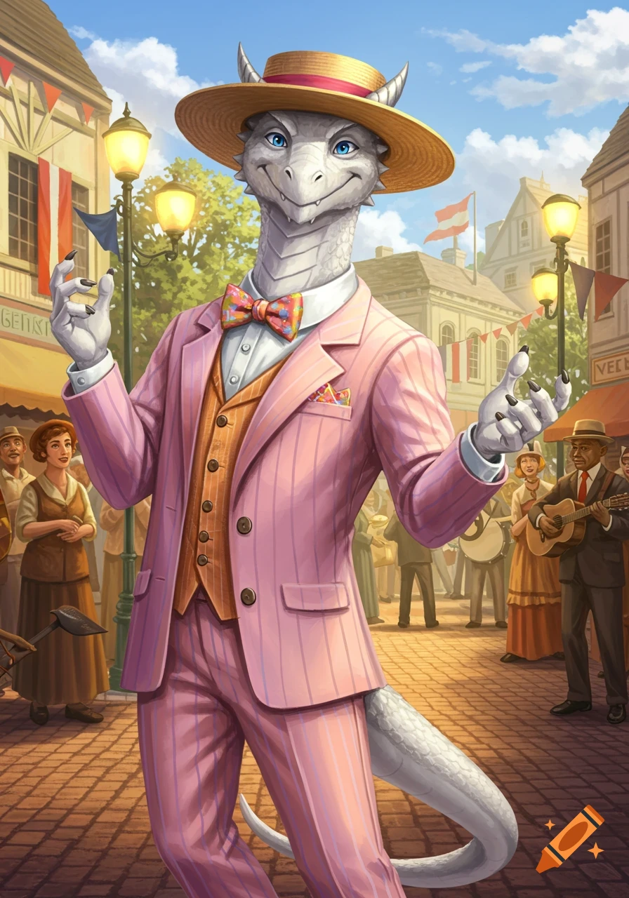 A dapper anthropomorphic fox in a pinstriped suit leans on a grand ...