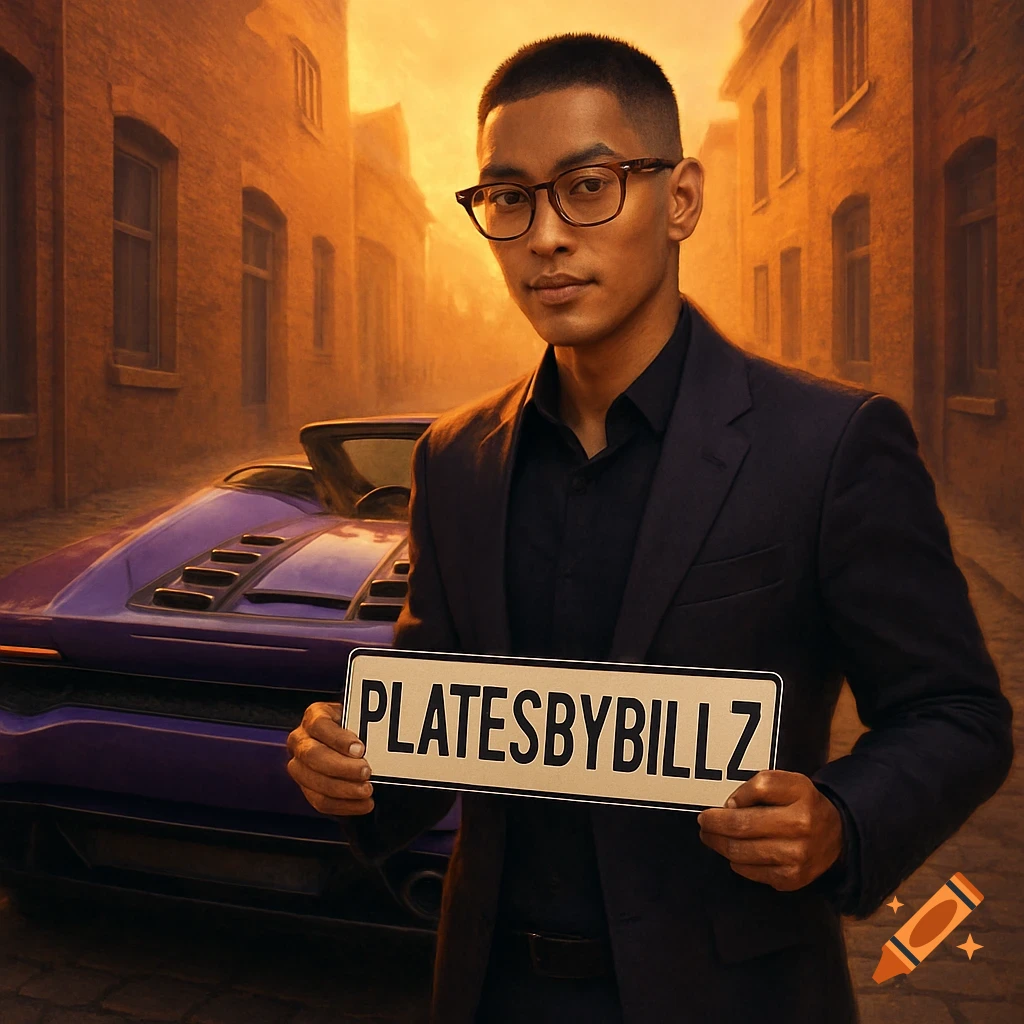 An Asian man with a buzz cut and glasses holds a "PLATESBYBILLZ" sign ...