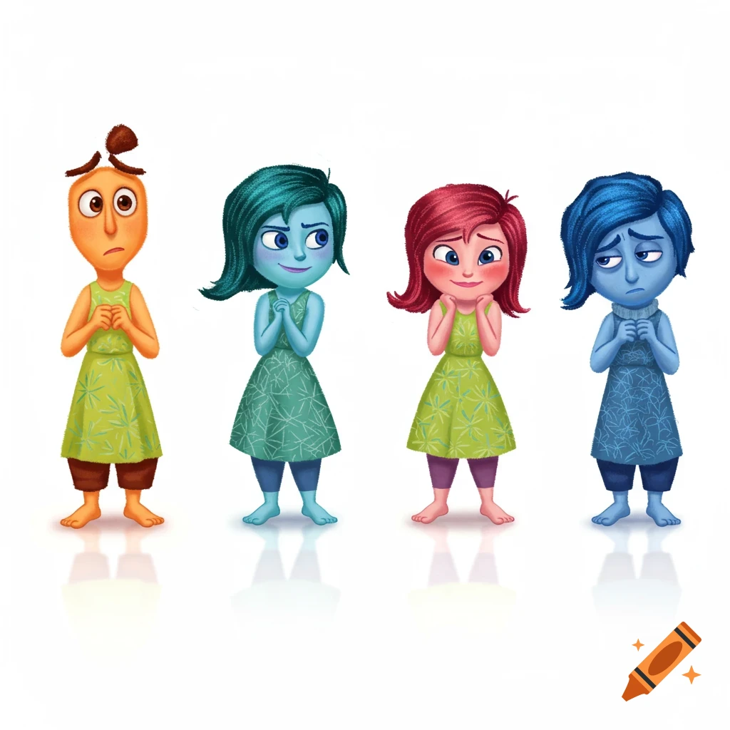 Four cartoon emotions: orange Anxiety, cyan Envy, pink Embarrassment ...