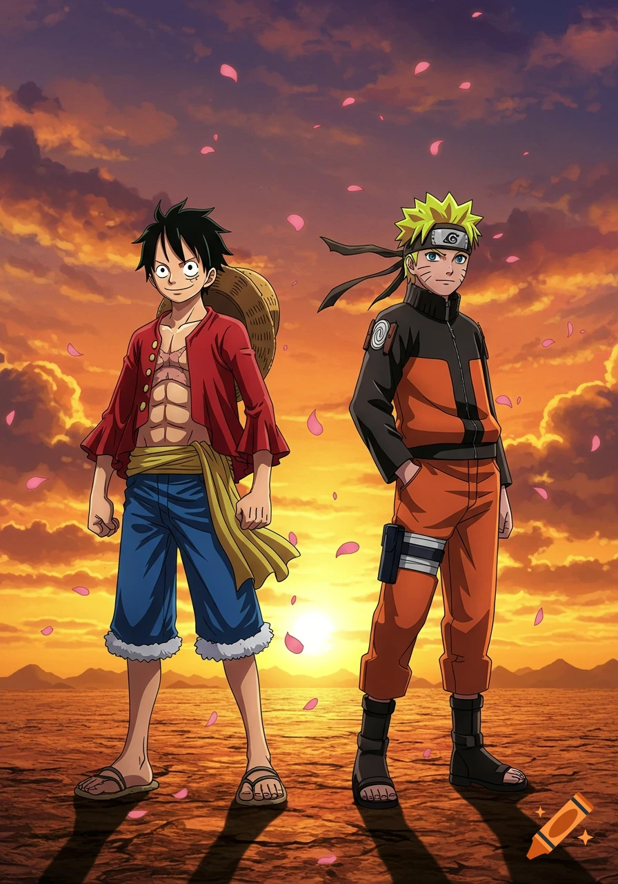 Anime characters Luffy and Hancock stand on a cliff overlooking the ...