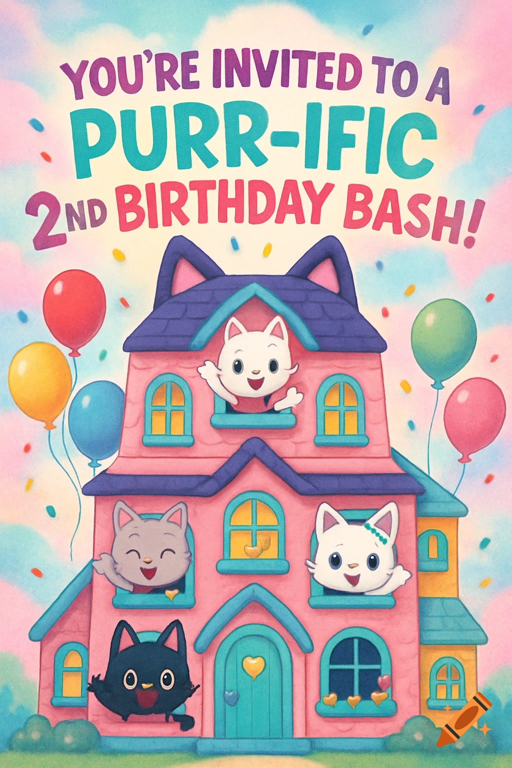 A colorful cartoon invitation with a pink cat dollhouse, cute cats ...