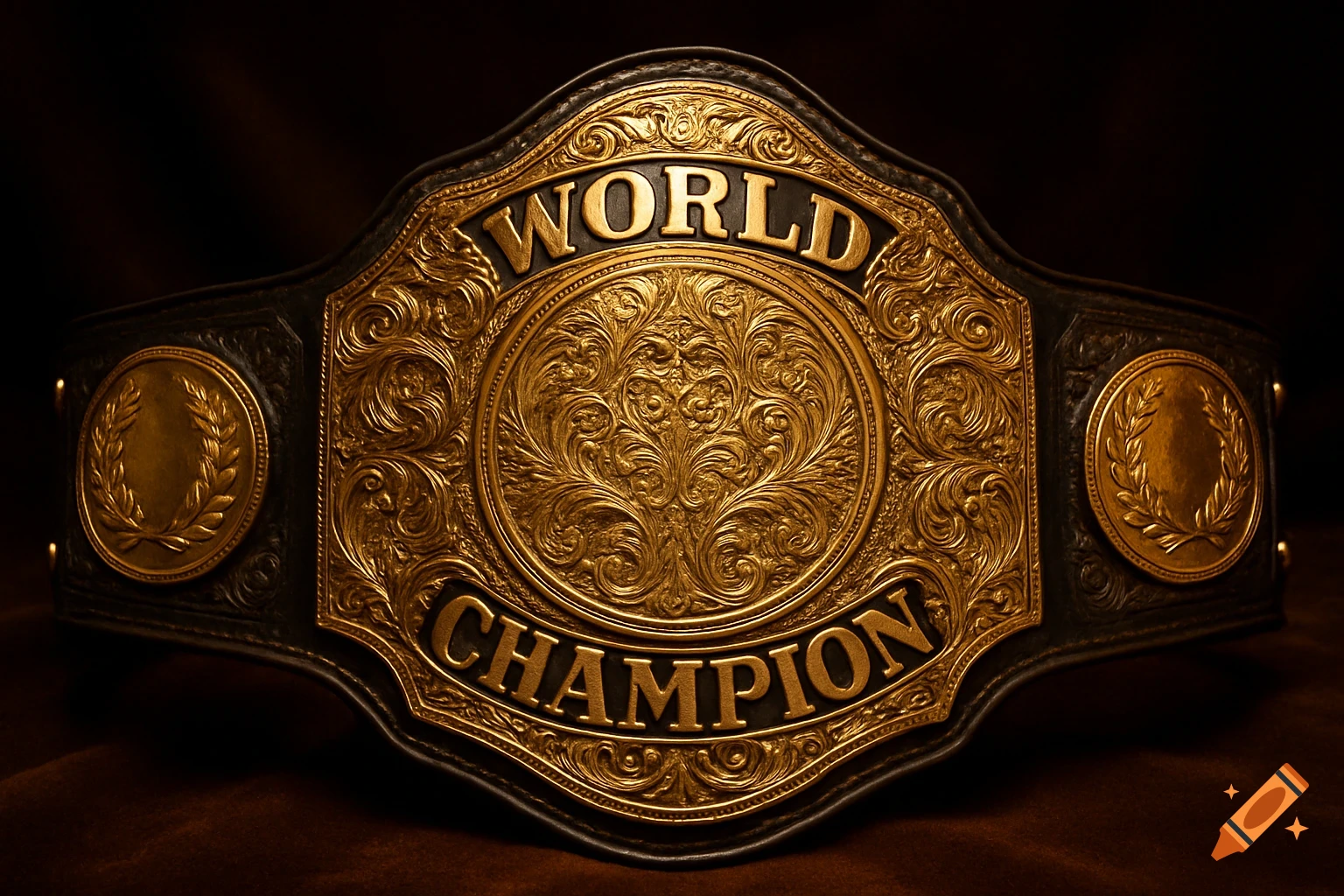 Close-up of a blue and gold championship belt with 'FEDERATION ONLINE ...