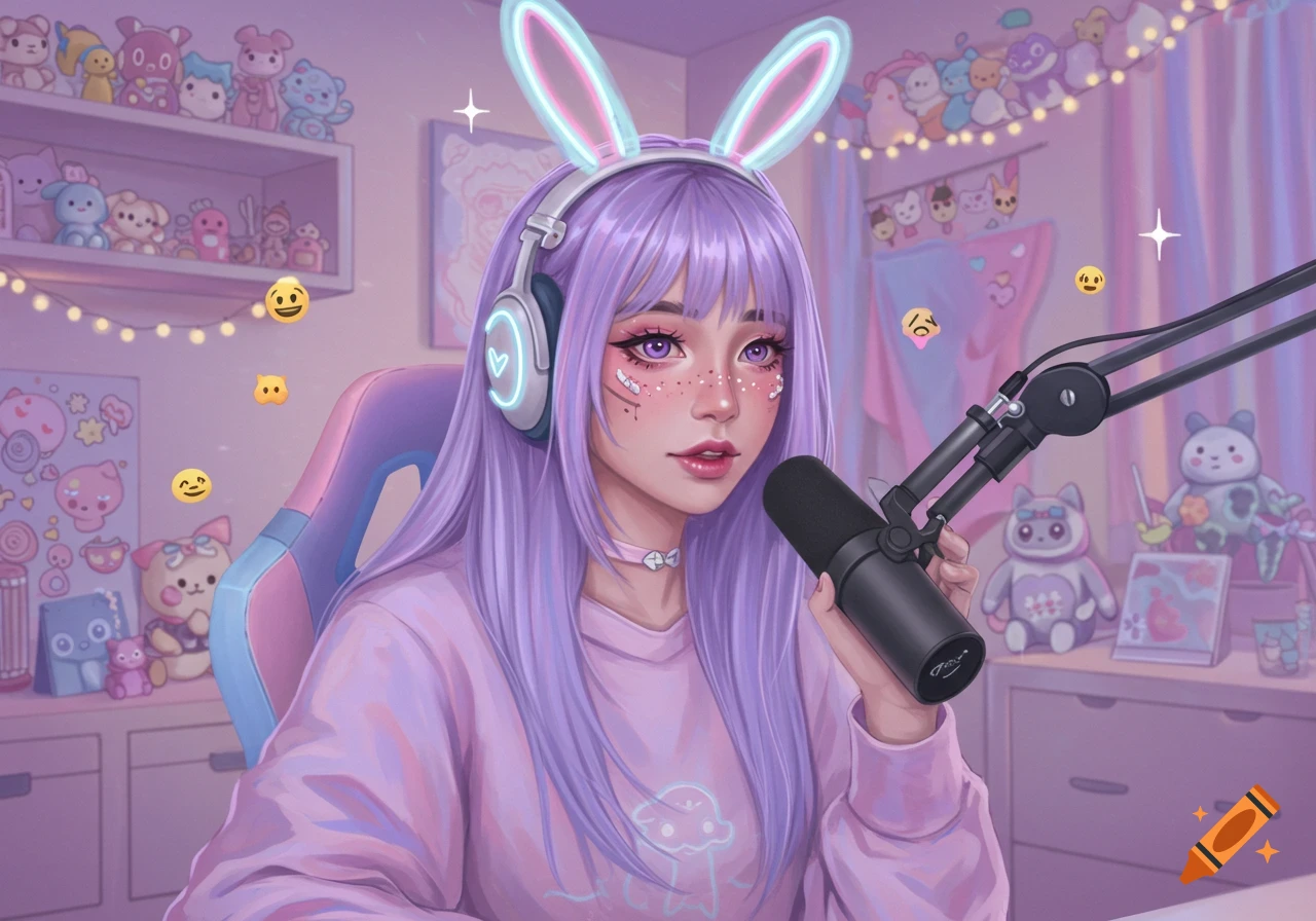 Anime girl with purple hair, bunny ears headset, and microphone ...