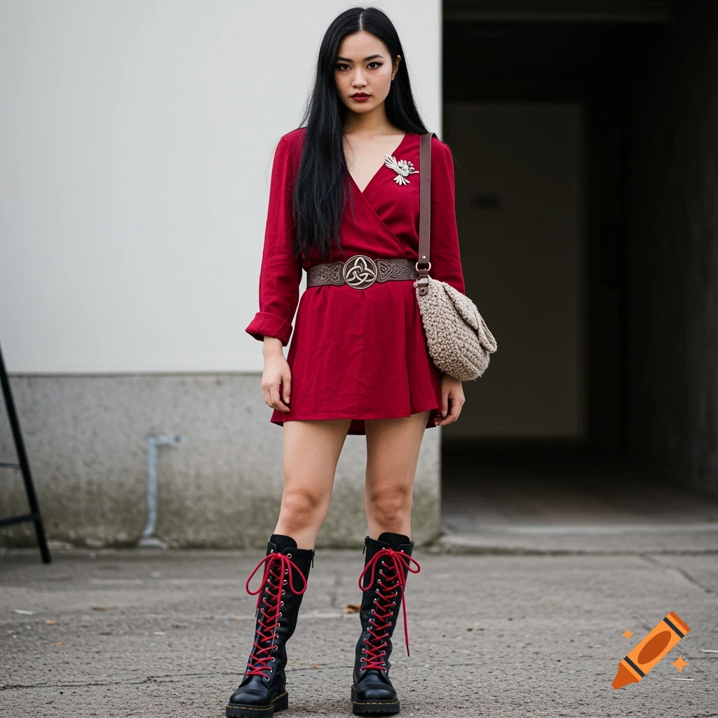 Photorealistic image of a woman in a red dress, black combat boots with ...