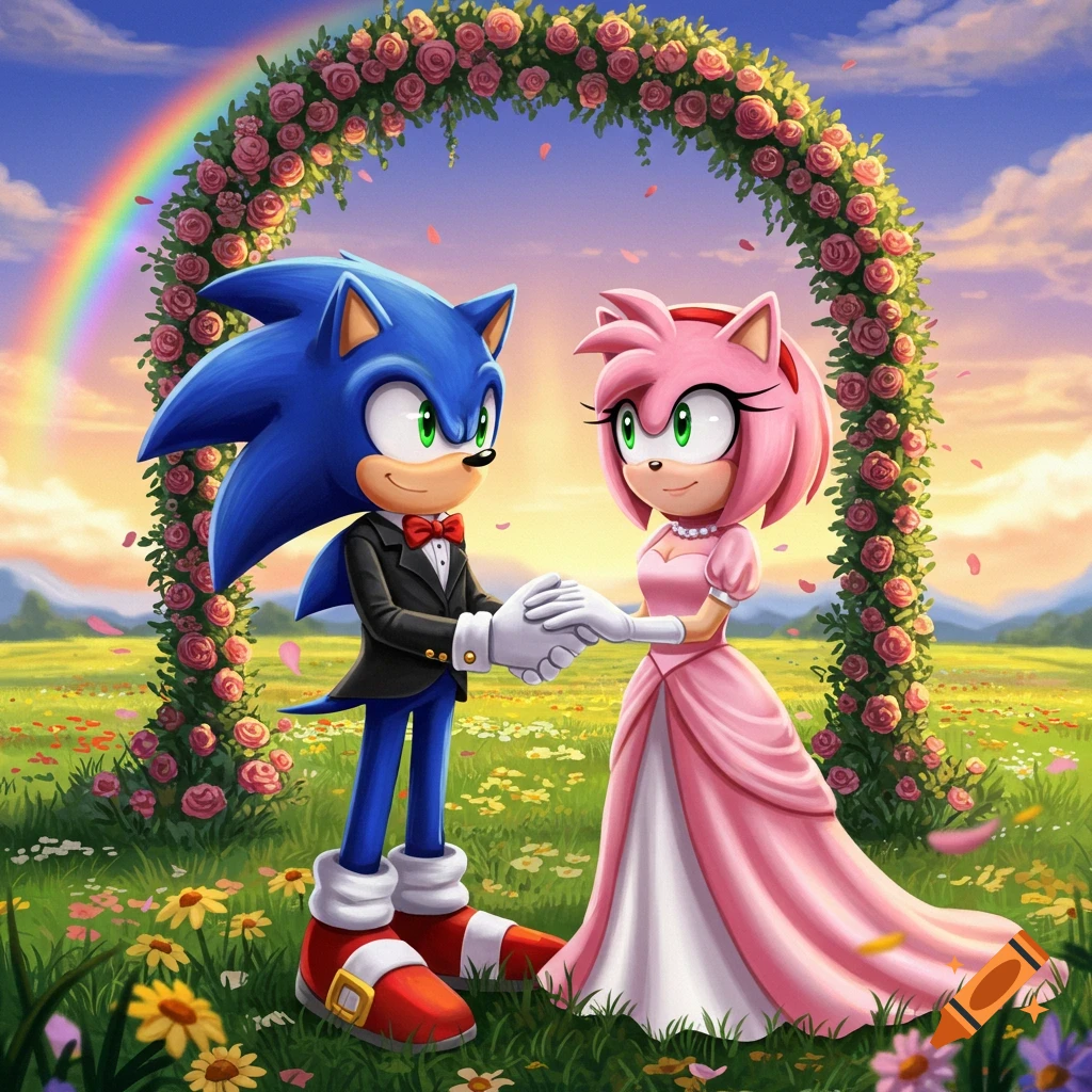 Sonic and Amy, dressed in wedding attire, hold hands under a rose arch ...